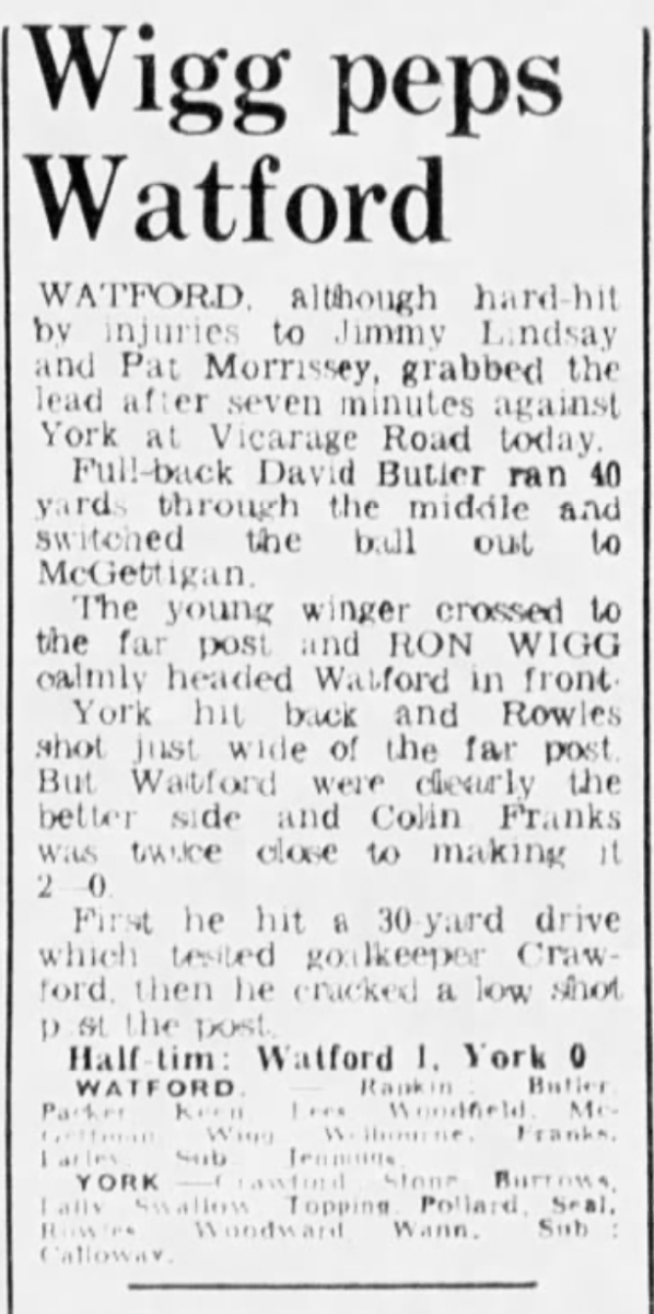 11th November 1972- Division Three, Watford 2 York City 2 | OLD WATFORD