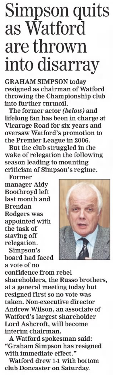 1st December 2008- Graham Simpson resigns as Watford chairman | OLD WATFORD